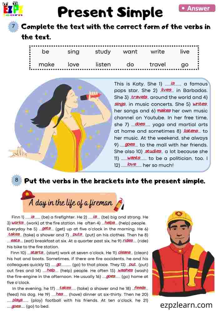 Present Simple Worksheet – A Day in the Life of a Fireman (Fill in the Verbs) - Ezpzlearn.com